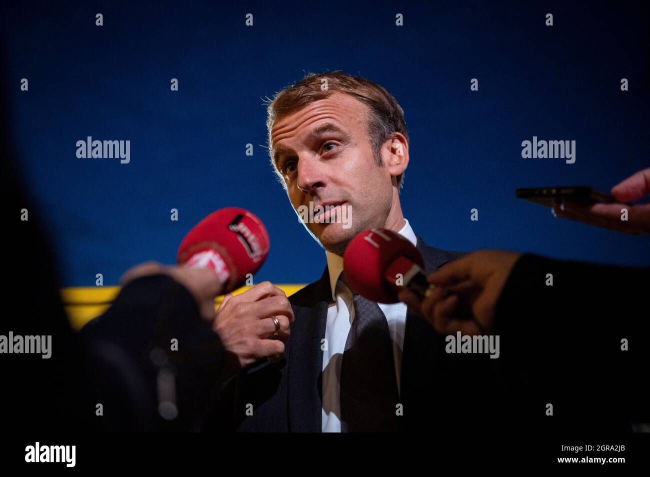 Paris, France. 30th Sep, 2021. President Emmanuel Macron speaks to ...