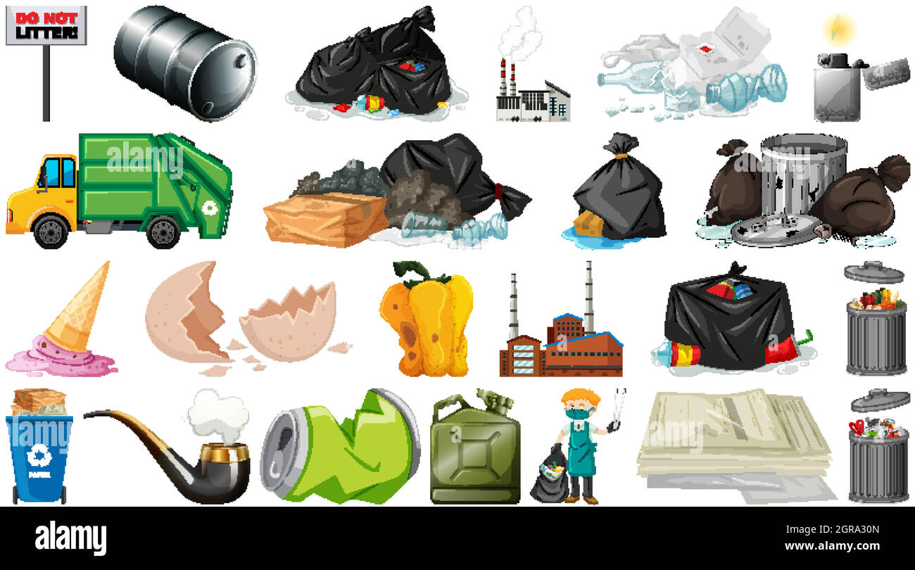 Pollution, litter, rubbish and trash objects isolated Stock Vector ...