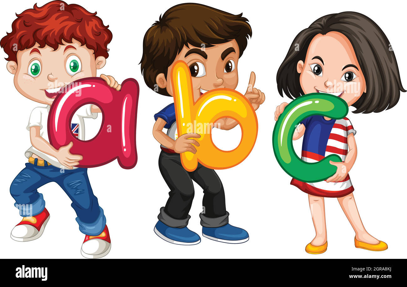 Children holding English alphabets Stock Vector Image & Art - Alamy