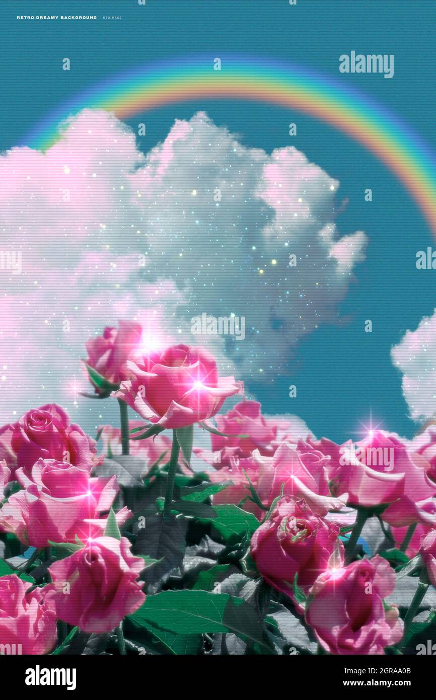 fantastical, magical, dreamy vintage poster with pink rose and rainbow ...