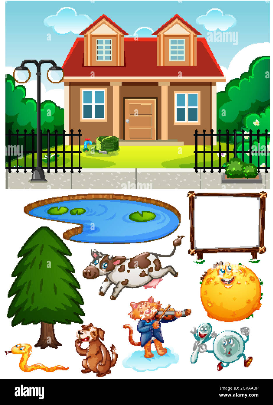 A house in nature scene with isolated cartoon character and objects ...