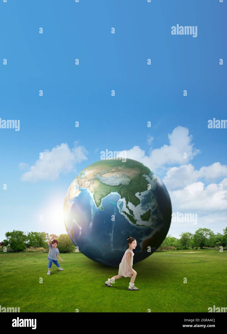 September nine, clean sky day poster with earth and children Stock ...