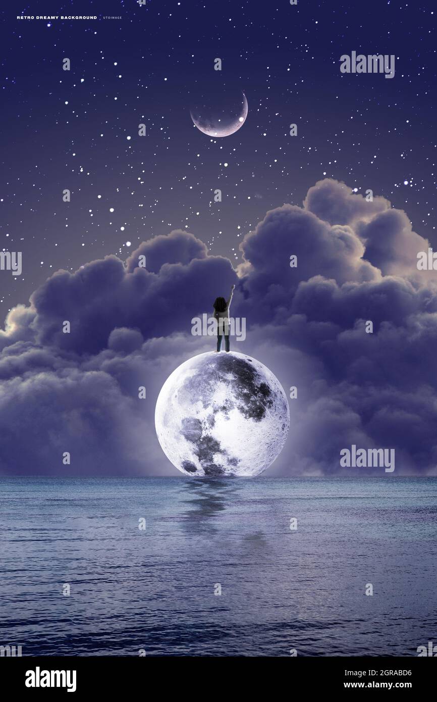 fantastical, magical, dreamy vintage poster with purple sky and child ...