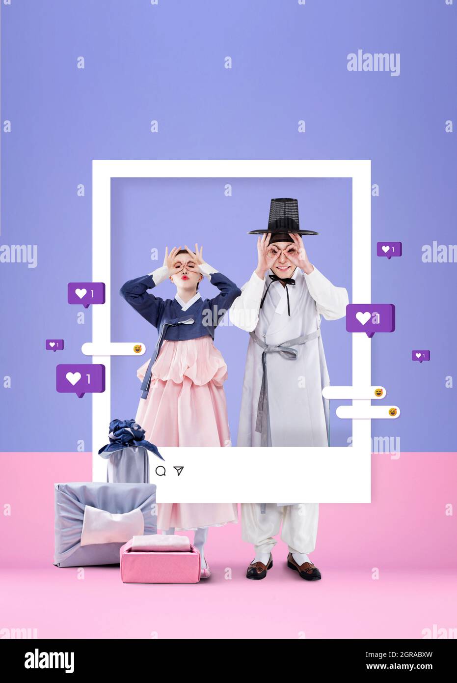 Korean couple in Hanbok in sns frame with hearts, SNS like and follow ...