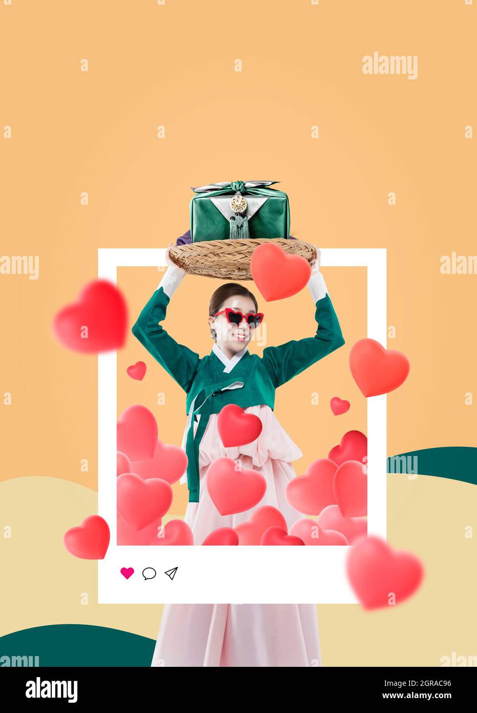 Korean woman in Hanbok in sns frame with hearts, SNS like and follow ...