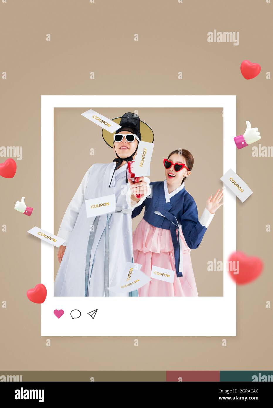 Korean couple in Hanbok in sns frame with hearts, SNS like and follow ...