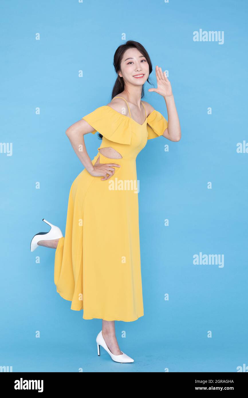 shopping event concept, smiling beautiful Korean Asian woman with hand ...
