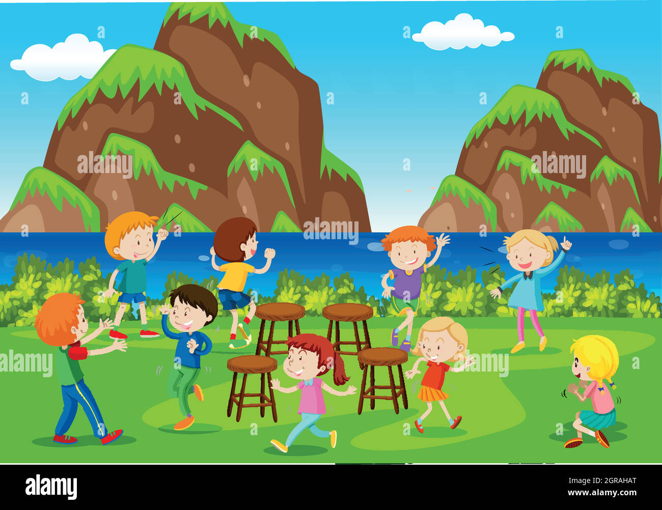 Background scene with kids playing music chairs Stock Vector Image ...