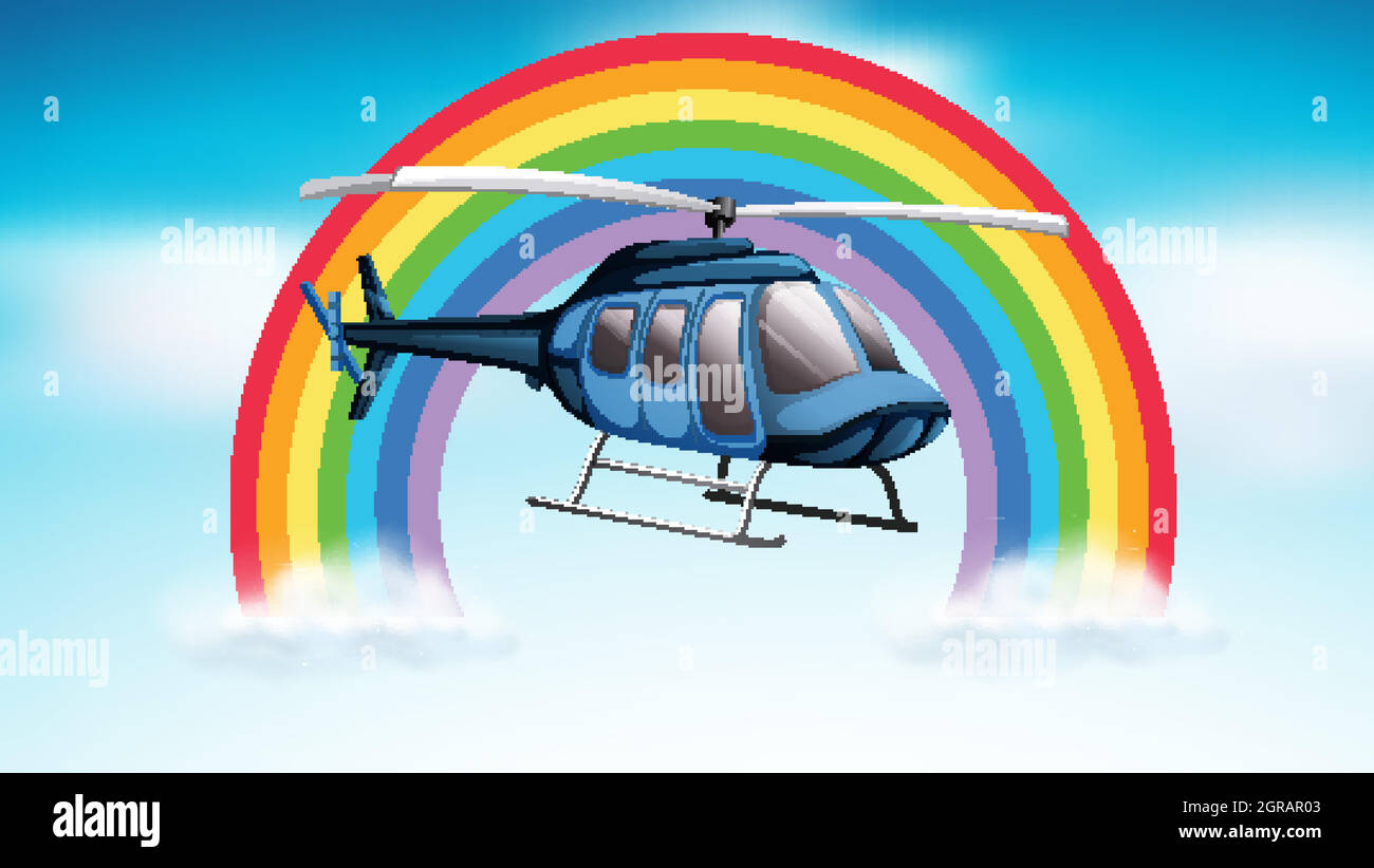 Helicopter flying in the blue sky with rainbow background Stock Vector ...