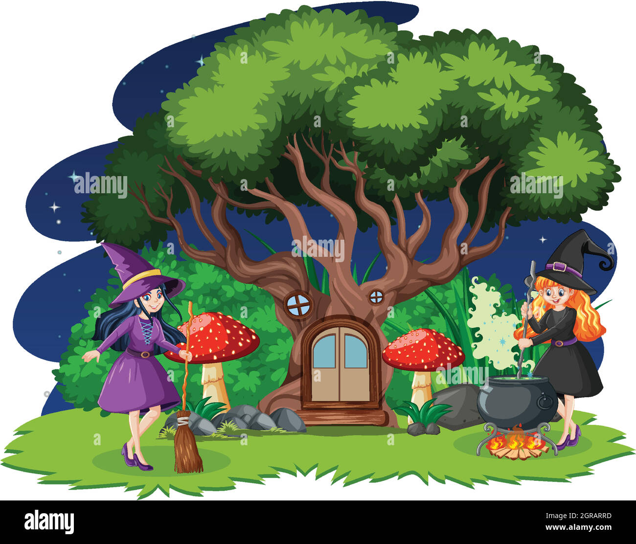 Young beautiful witches with tree house cartoon style isolated on white ...