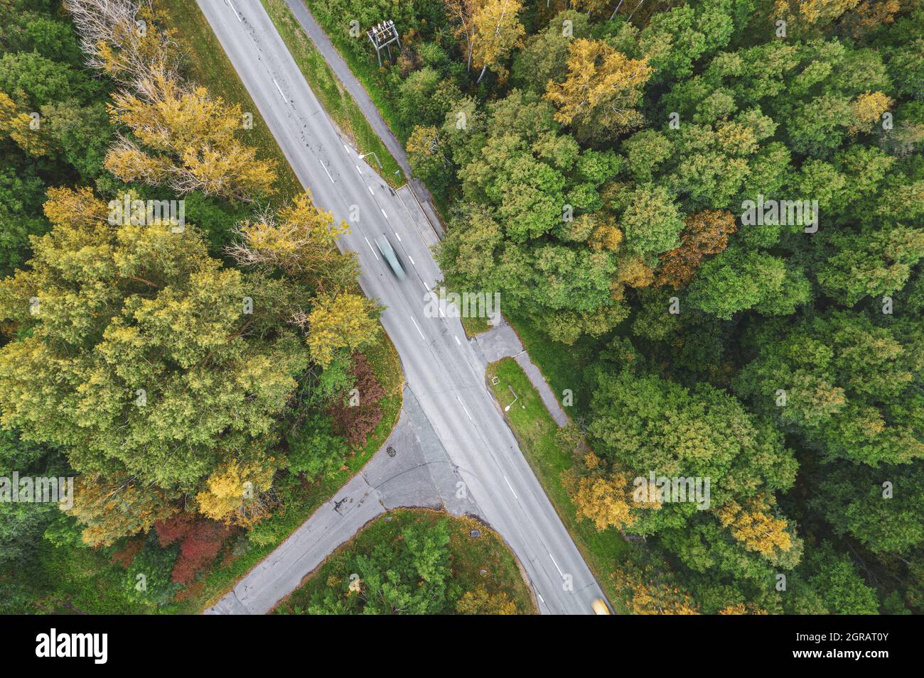 Aerial view from drone of intersecting concrete roads in crossroad ...