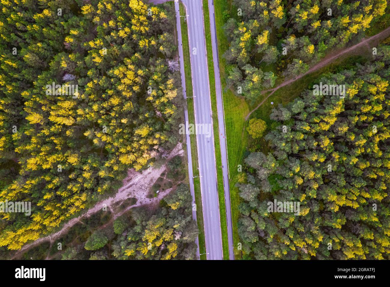 Aerial view from drone of intersecting concrete roads in crossroad ...
