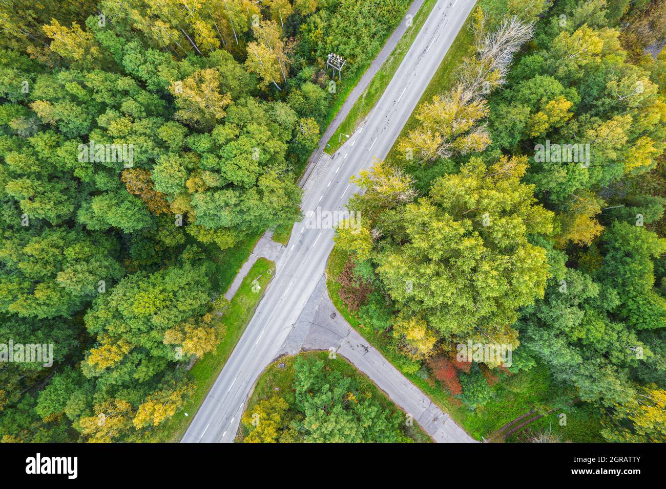 Aerial view from drone of intersecting concrete roads in crossroad ...