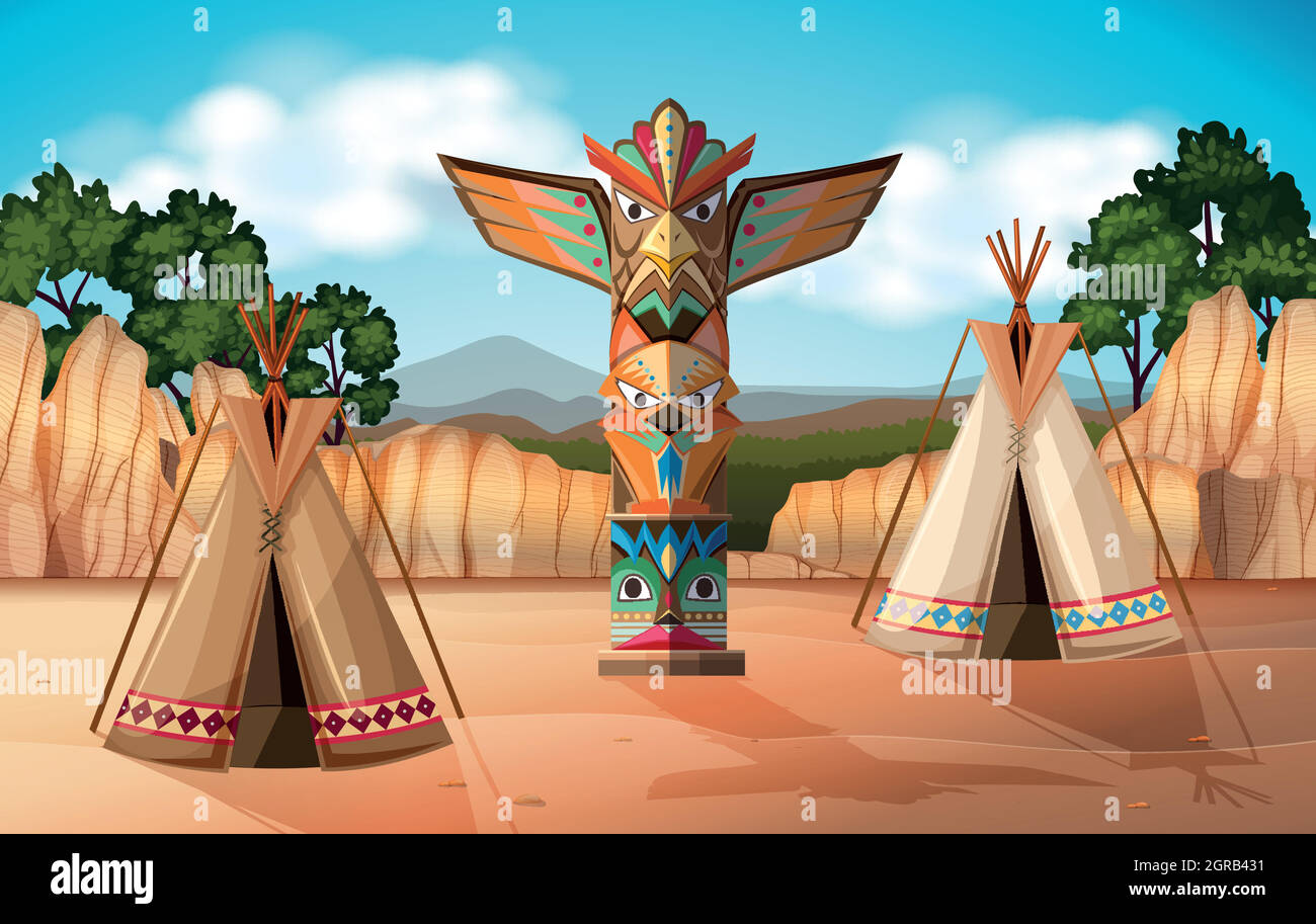 Scene with teepee and totem pole Stock Vector Image & Art - Alamy