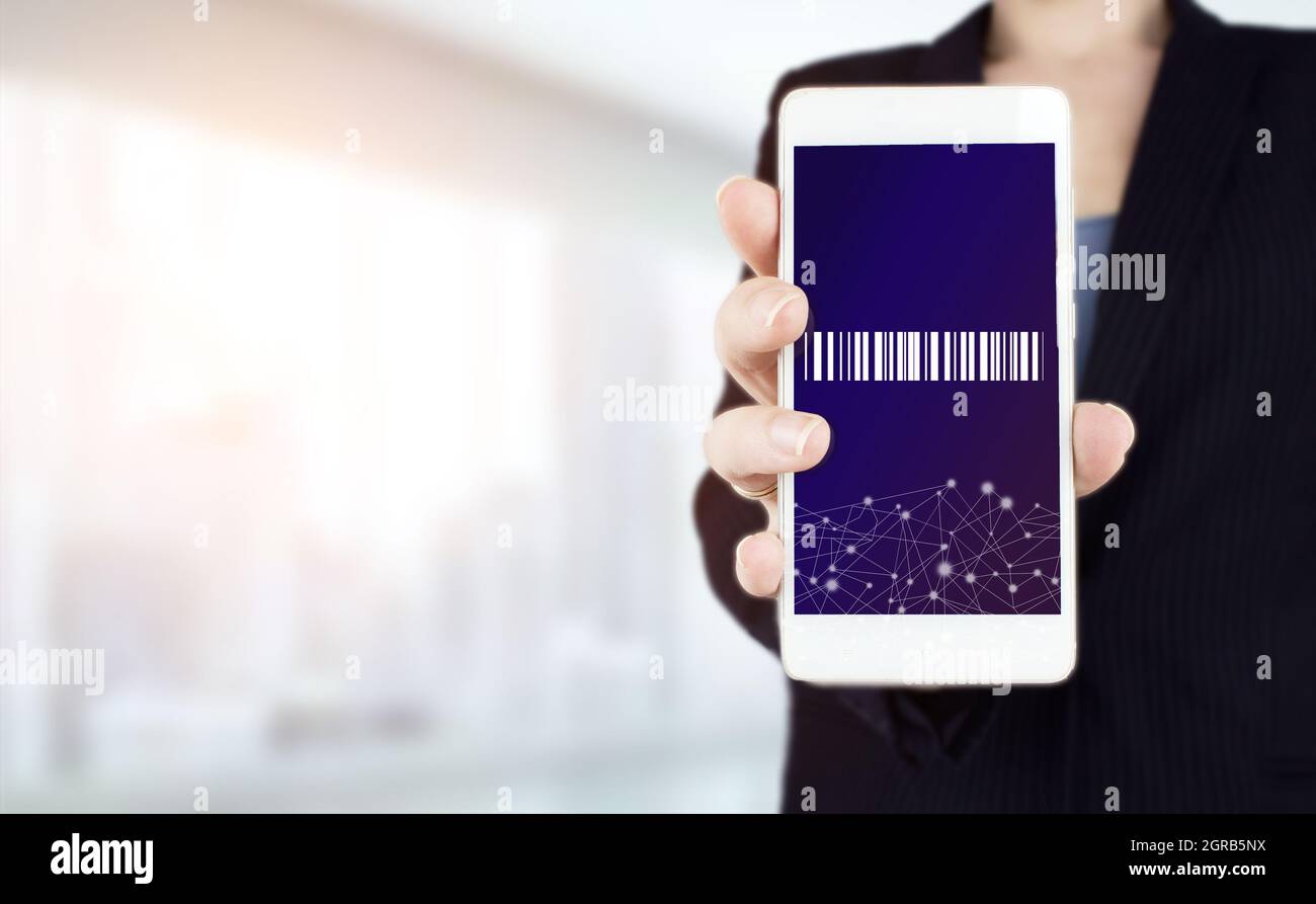 Inventory Logistics Concept. Hand hold white smartphone with digital ...