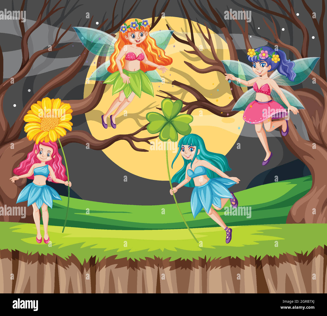 Fairy Tales Holding Flower Cartoon Style On Moon And Forest Background