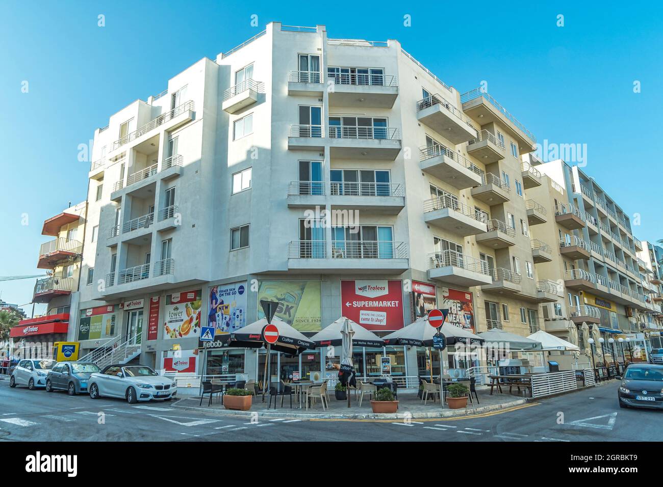 Modern architecture of Bugibba, popular tourist destination in the ...