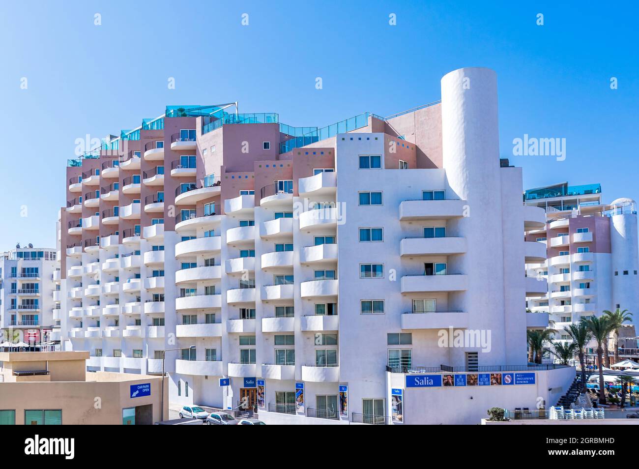 Modern architecture of Bugibba, popular tourist destination in the ...