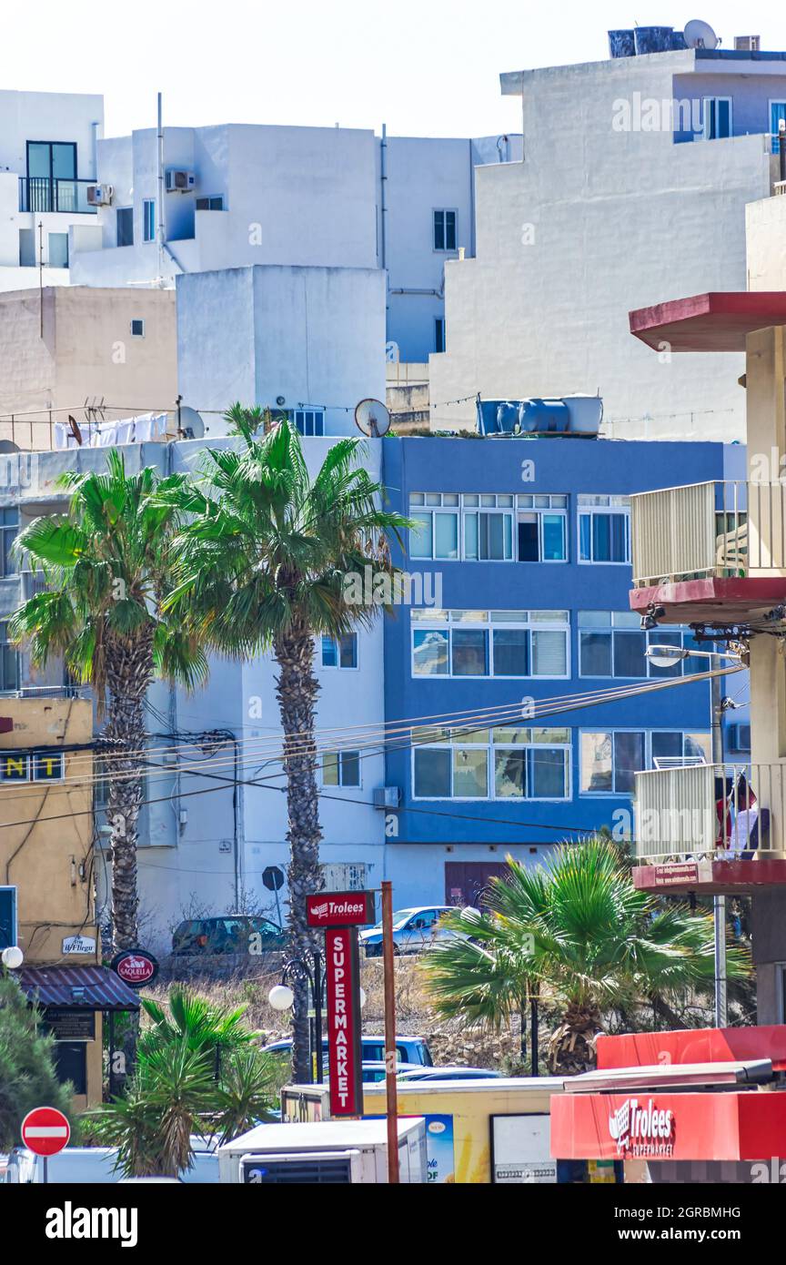 Modern architecture of Bugibba, popular tourist destination in the ...