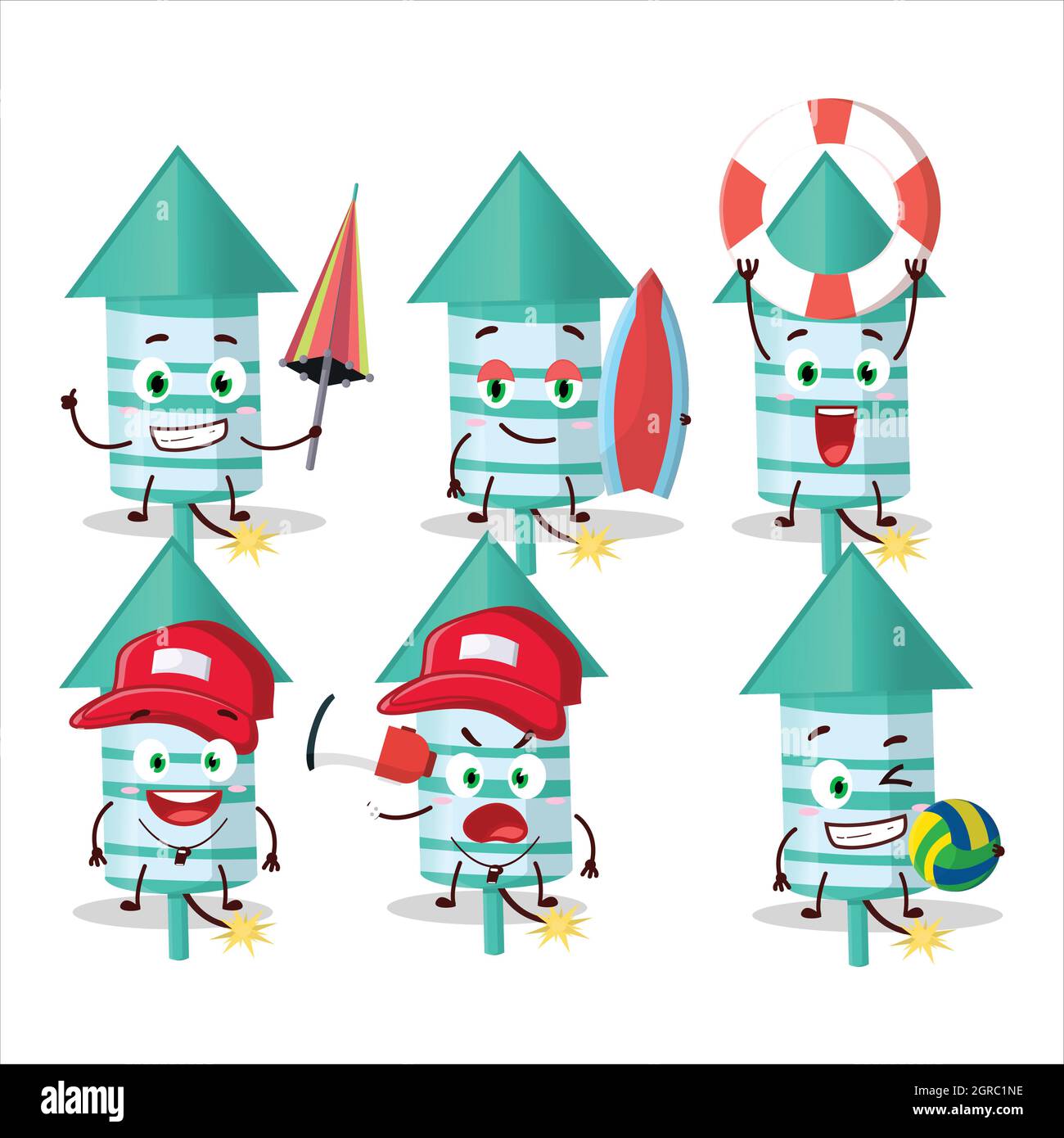 Happy Face rocket firework green cartoon character playing on a beach ...