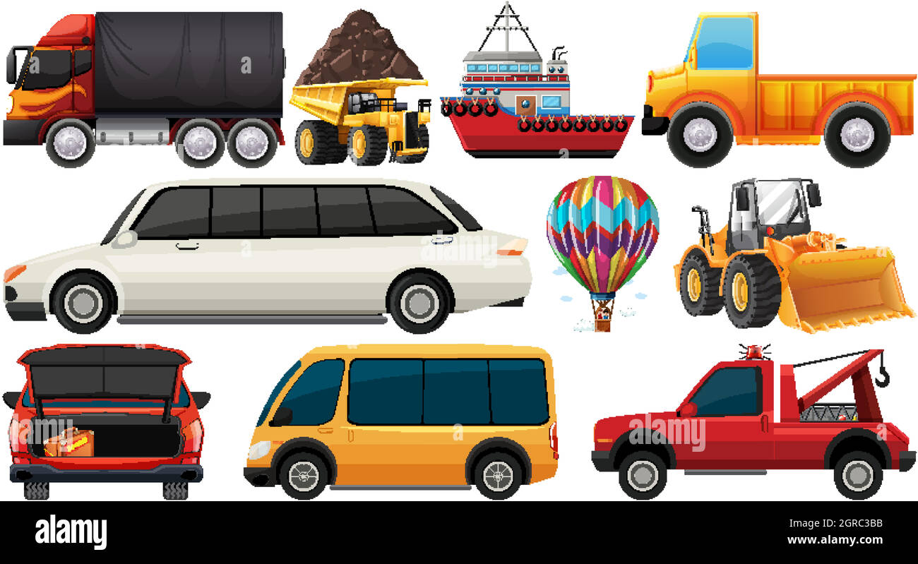 Set of different kind of cars and trucks isolated on white background ...