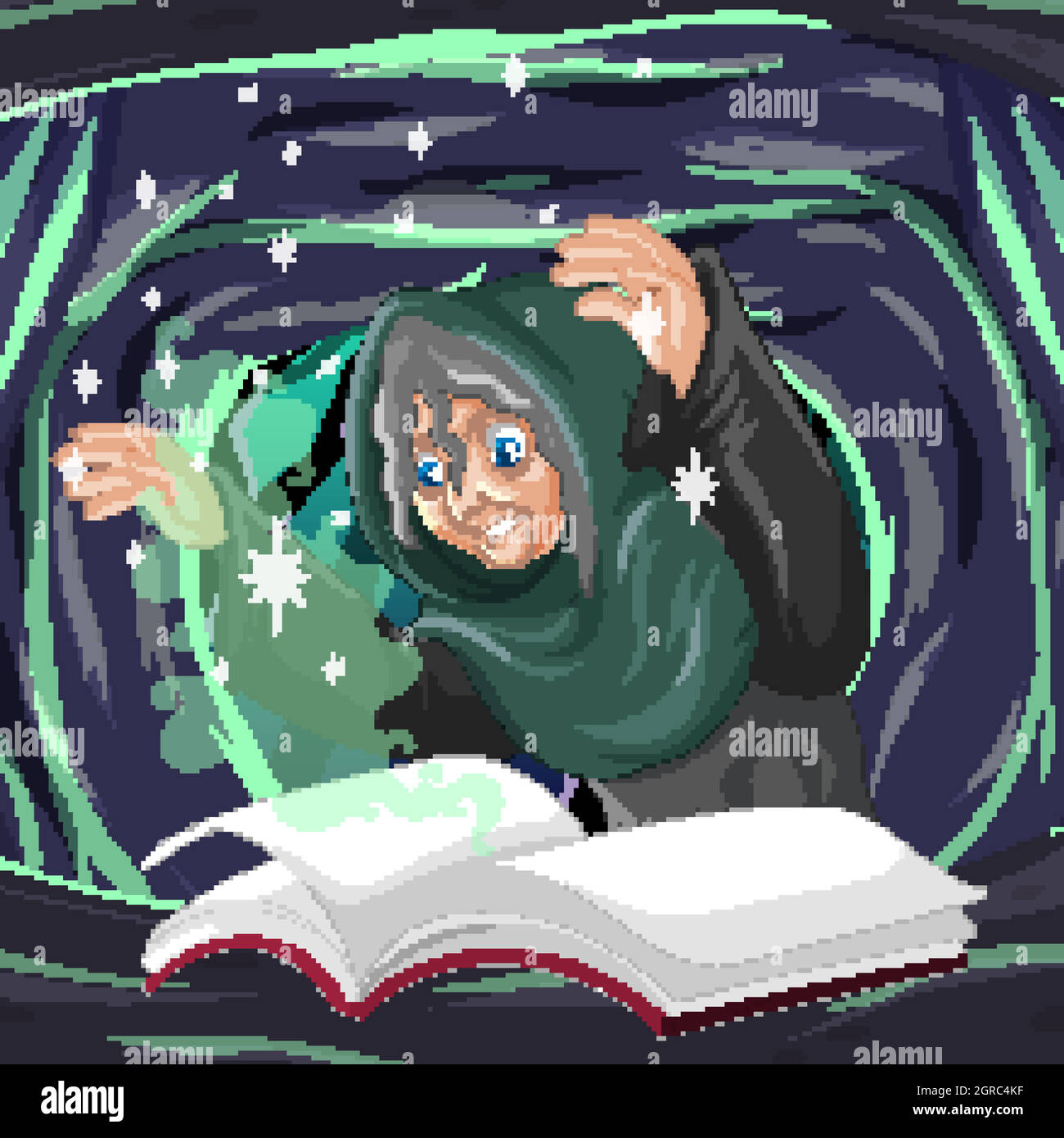 Old witch with spell and book cartoon style on dark cave background ...