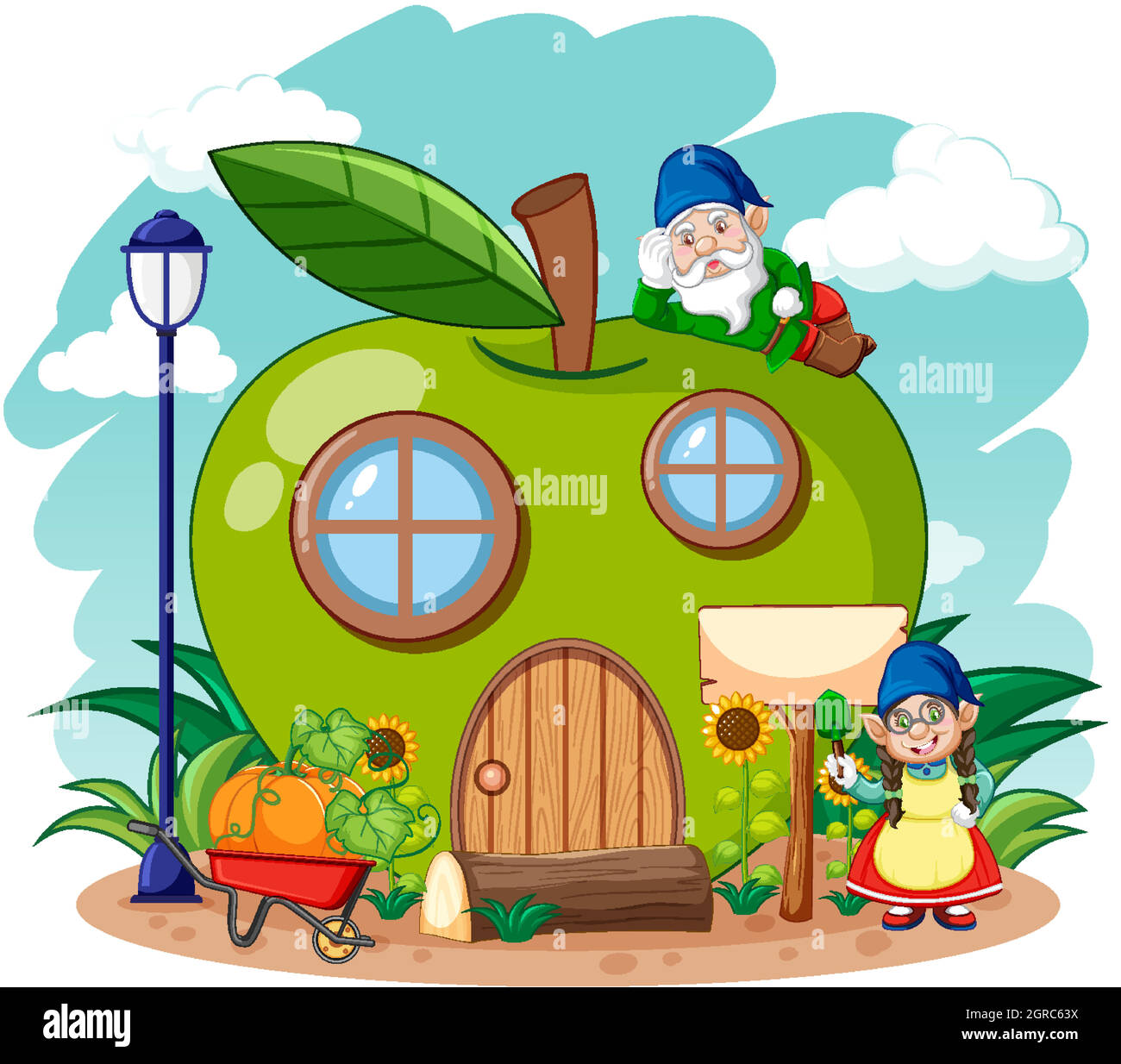 Gnomes and green apple house in the garden cartoon style on sky ...