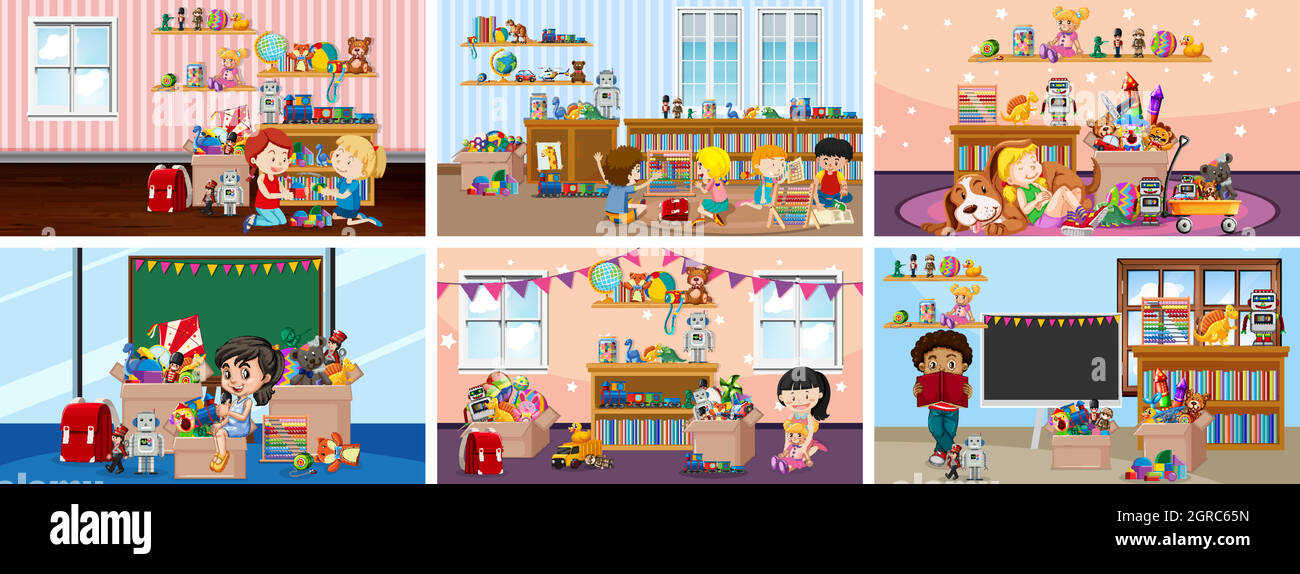 Six scenes with children doing activities in different rooms Stock ...