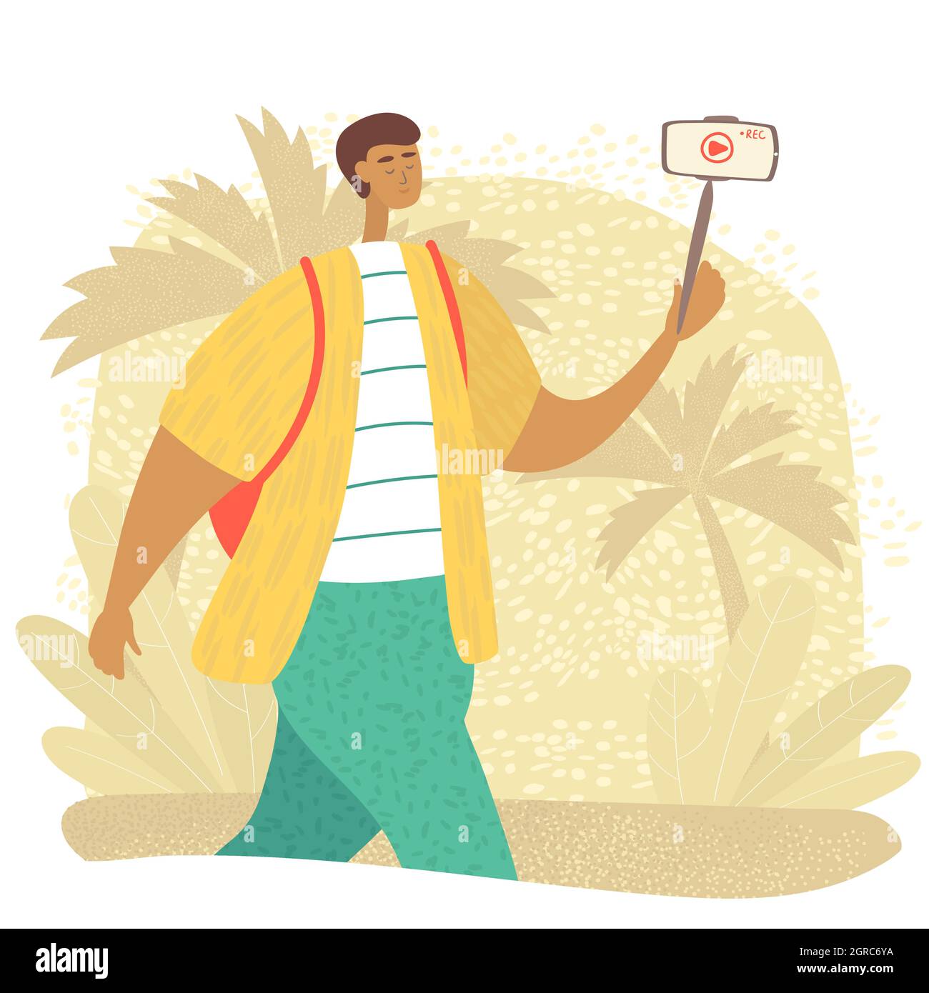 Young man talking about his journey. Travel blogger creating content ...