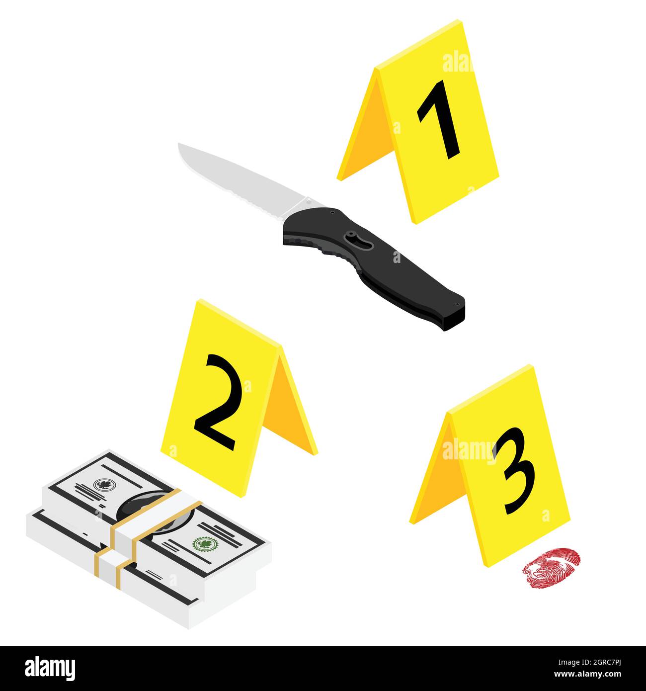 Crime scene with yellow evidence markers. Pistol gun and bullets Stock ...