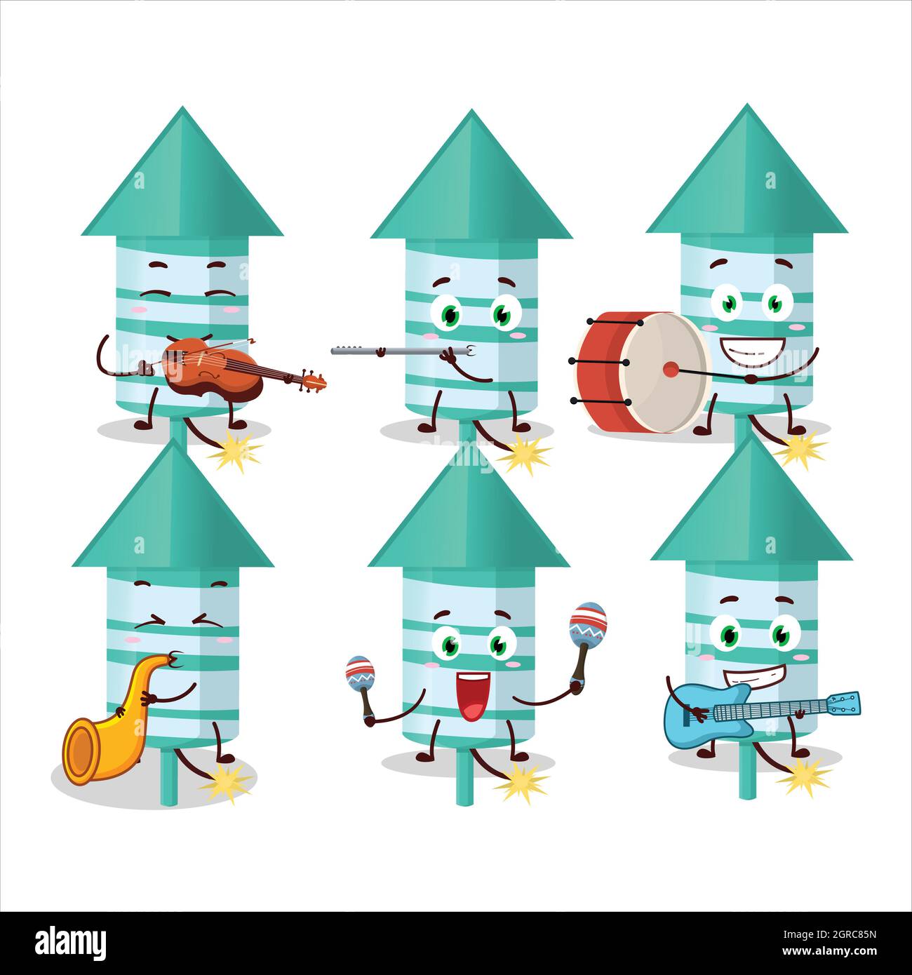 Cartoon character of rocket firework green playing some musical ...