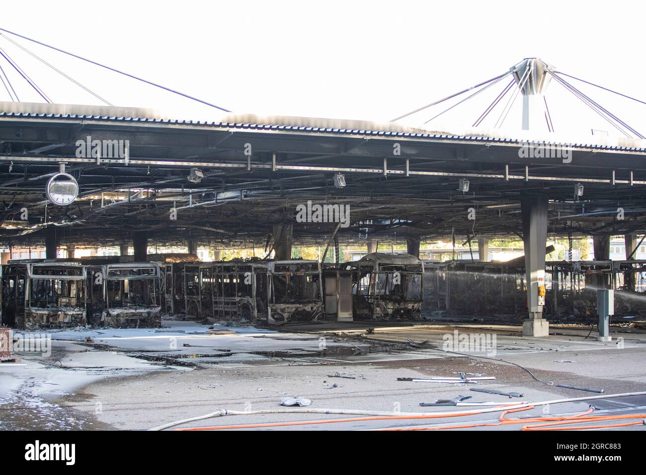 Stuttgart, Germany. 01st Oct, 2021. Burnt-out buses stand in ...