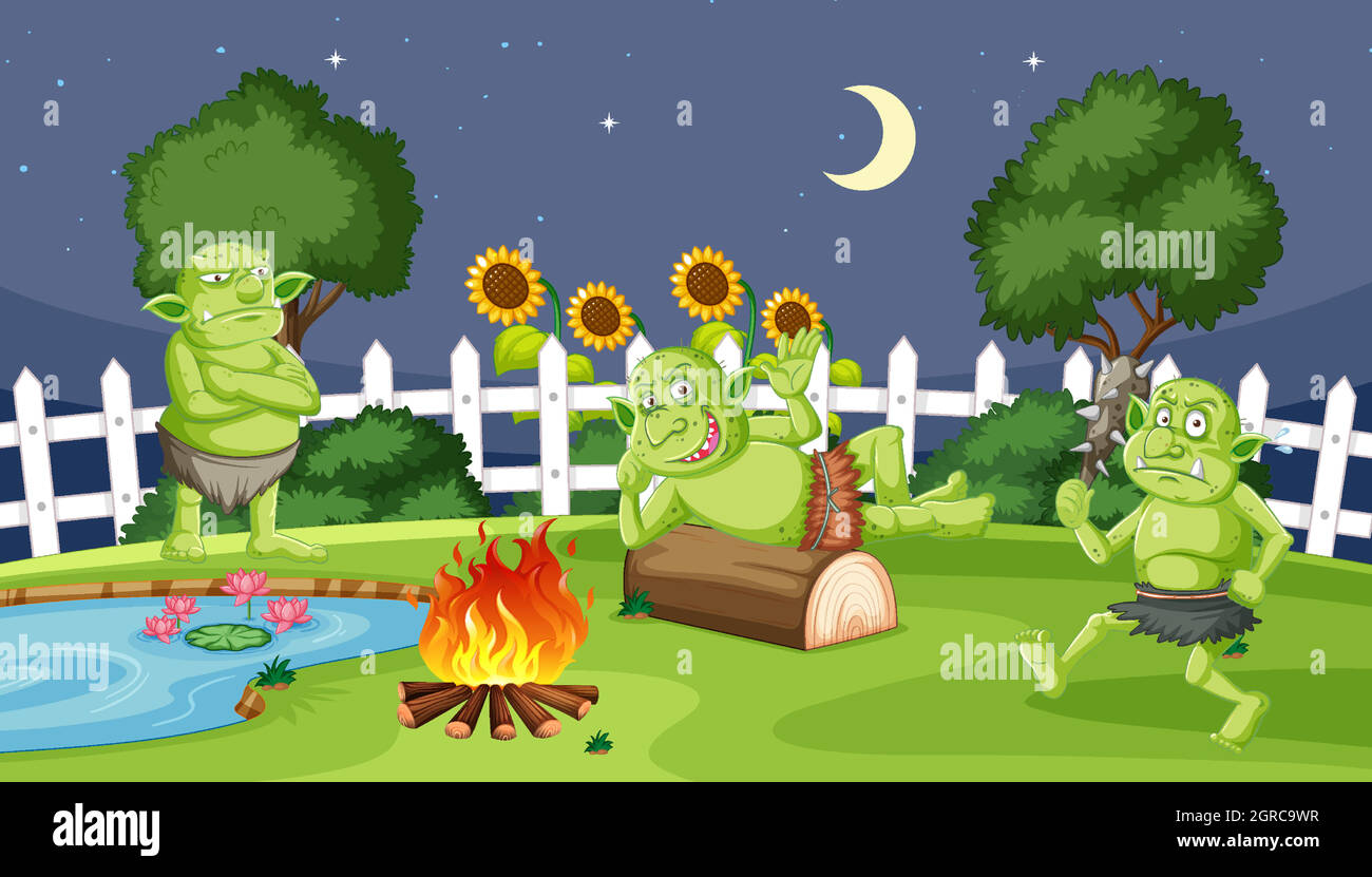 Goblins or trolls with fire camping night in cartoon style on garden ...