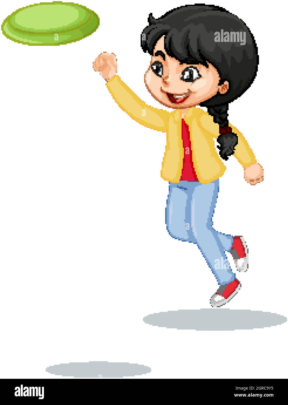 Girl in yellow jacket playing frisbee on white background Stock Vector ...