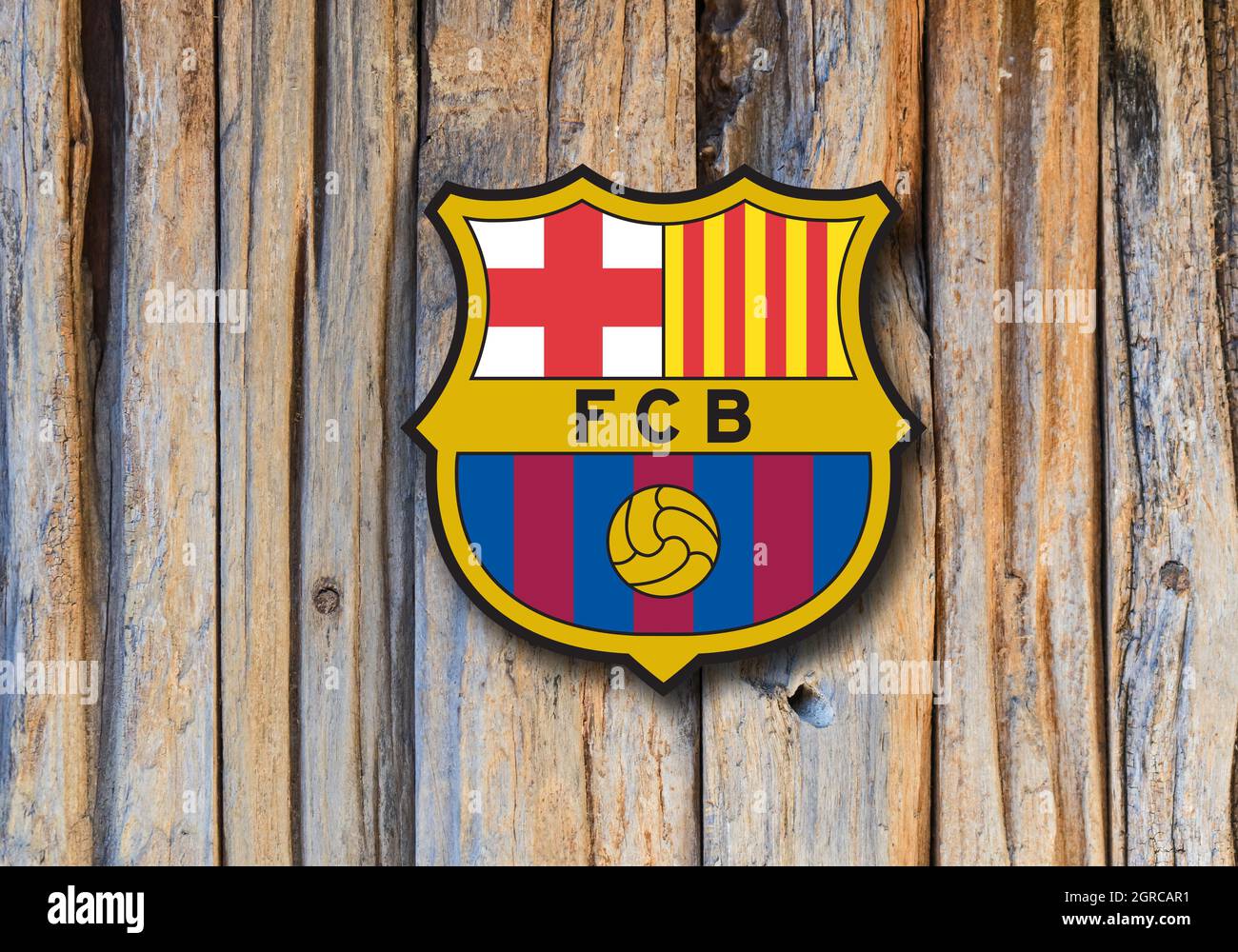 Coat of arms FC Barcelona, football club from Spain, wooden background ...