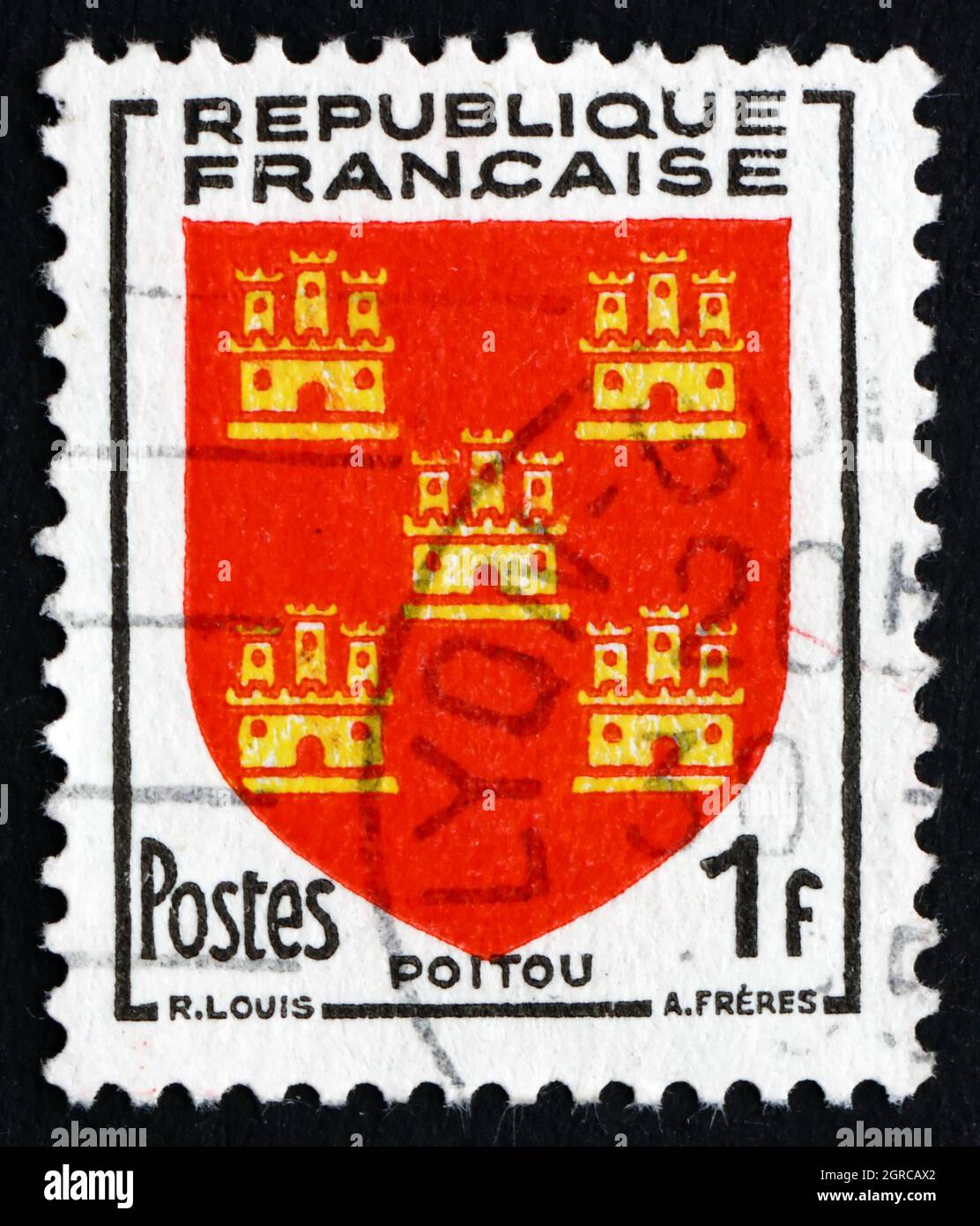 FRANCE - CIRCA 1953: a stamp printed in the France shows Arms of Poitou ...