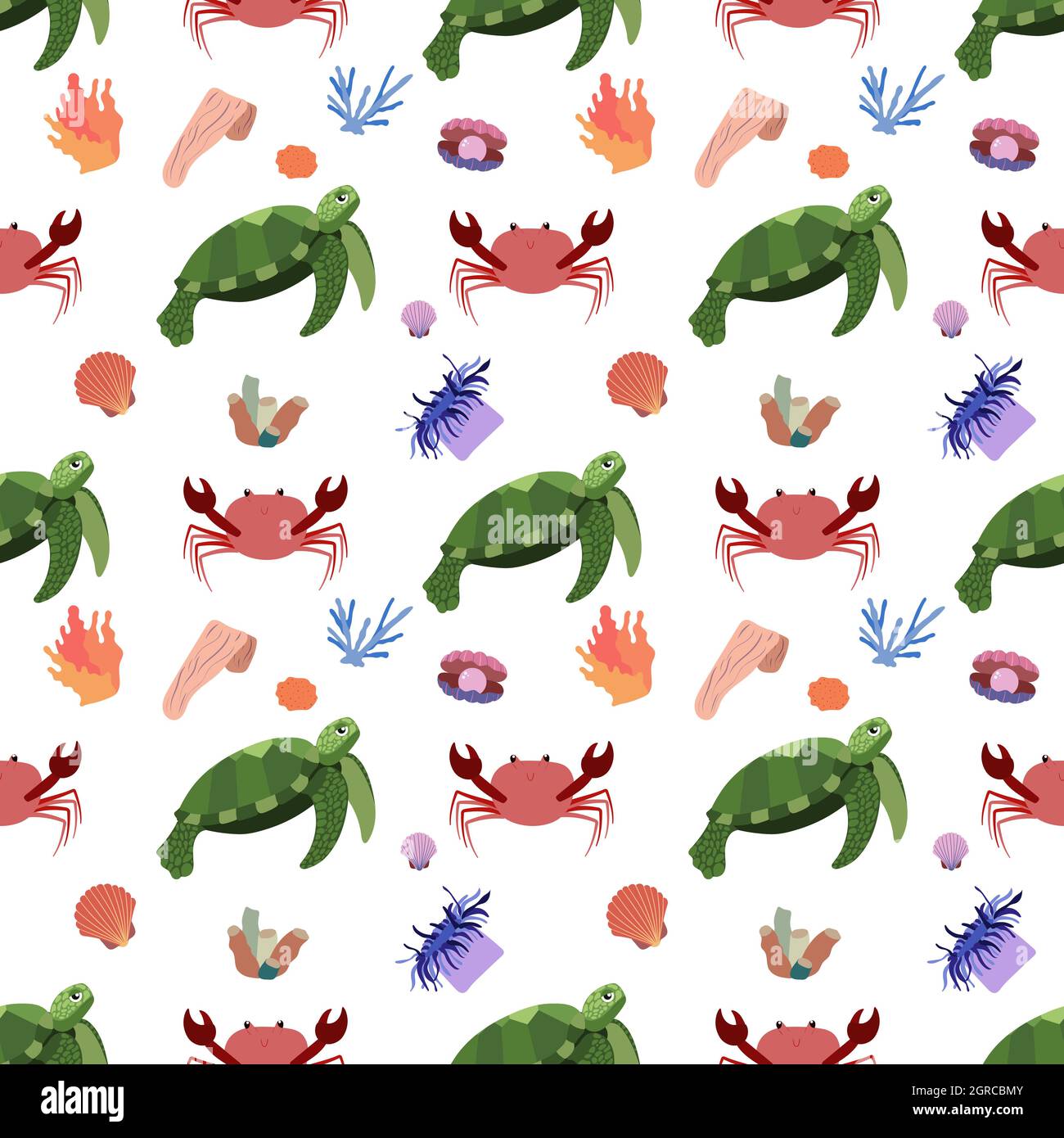 Sea animal seamless pattern with crab and turtle, seashell. Undersea ...