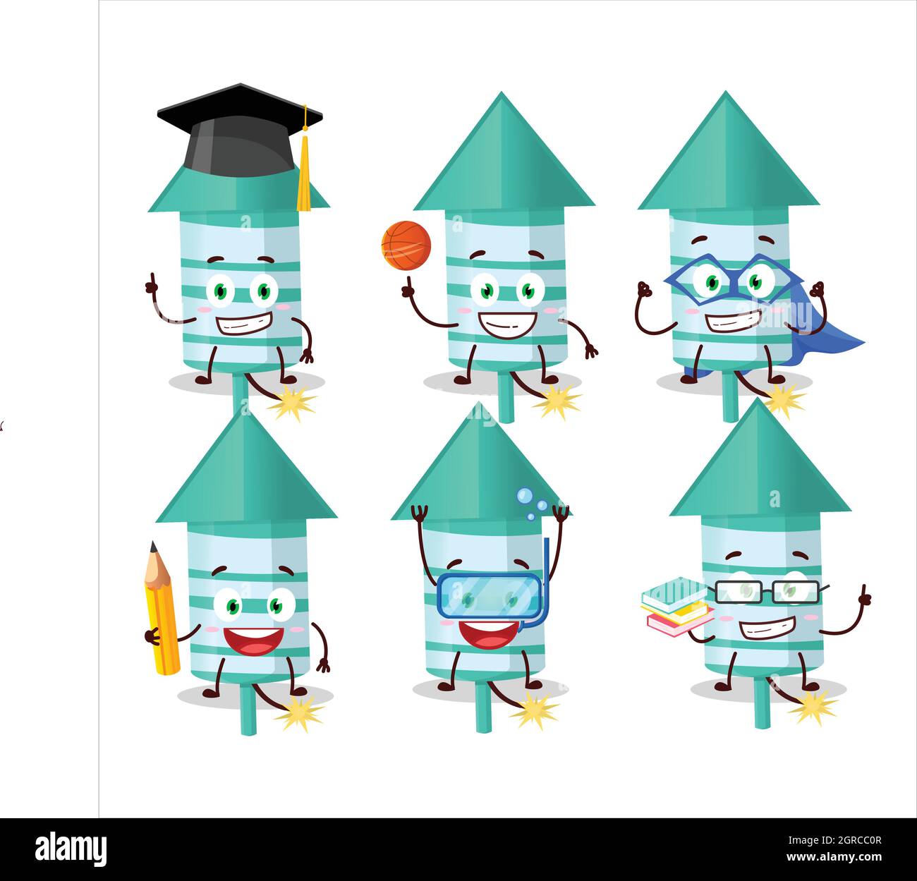 School student of rocket firework green cartoon character with various ...