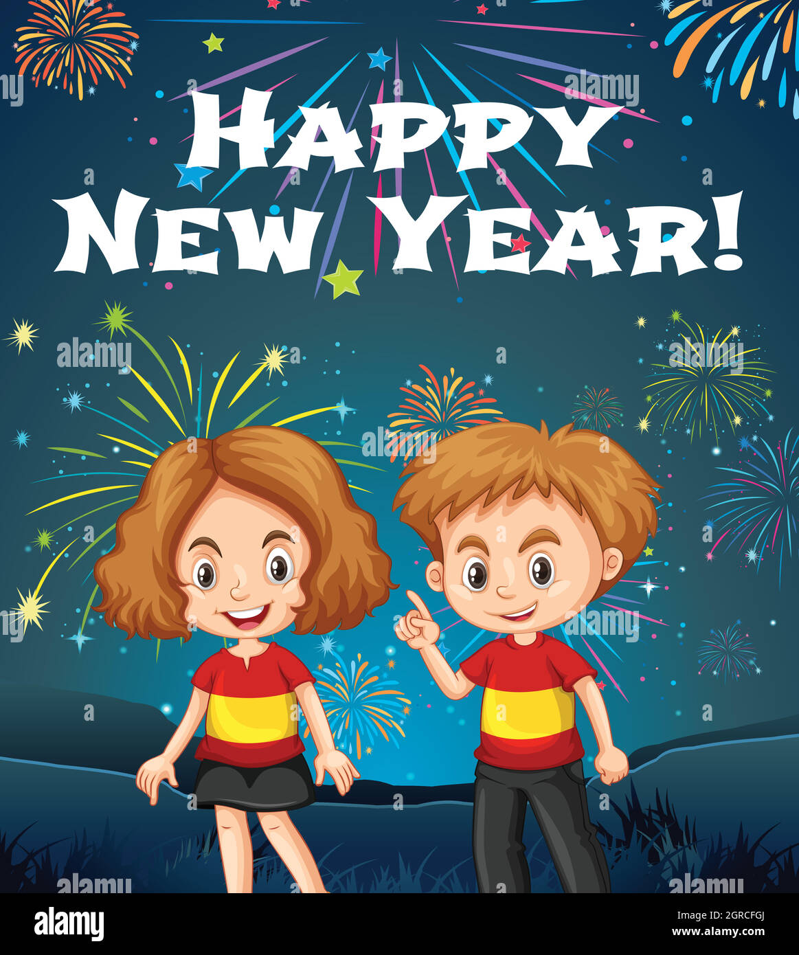 Happy New Year card template with kids and fireworks Stock Vector Image ...