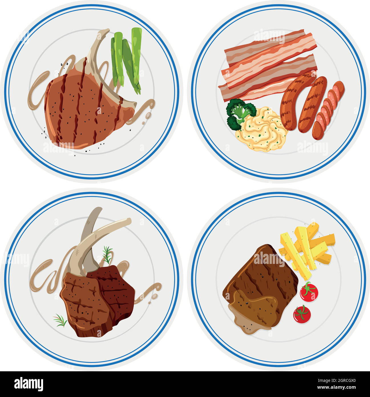 Different grilled meat on plates Stock Vector Image & Art - Alamy