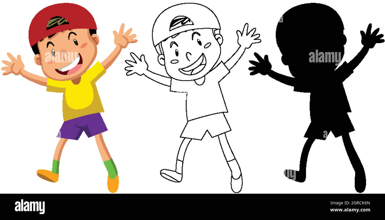 Happy boy in color and in outline and its silhouette Stock Vector Image ...