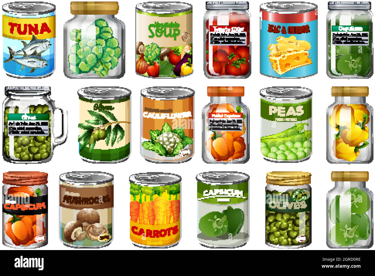Set of different canned food and food in jars isolated Stock Vector ...