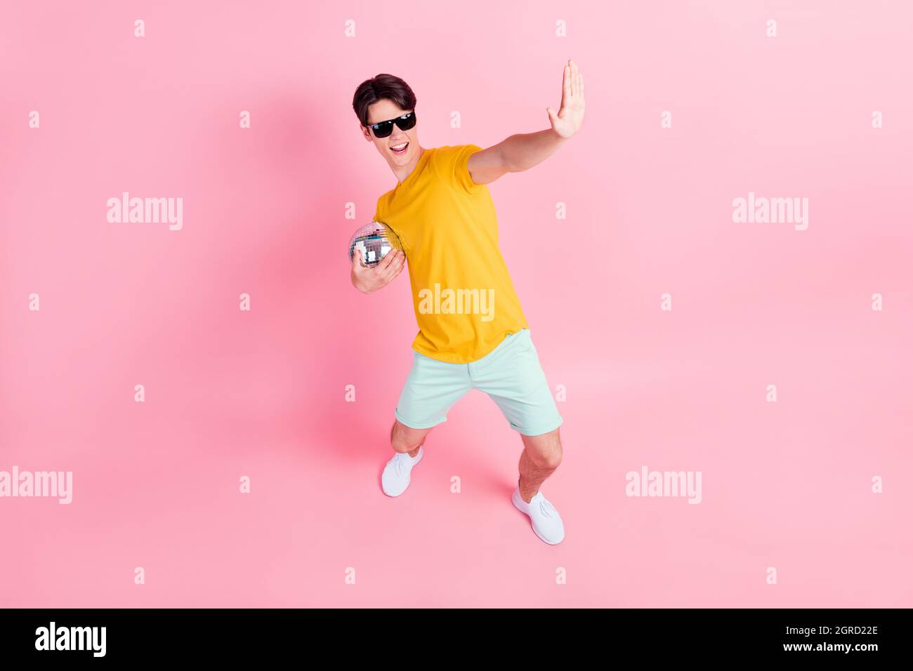 Top above high angle full size photo of young guy happy smile dance ...