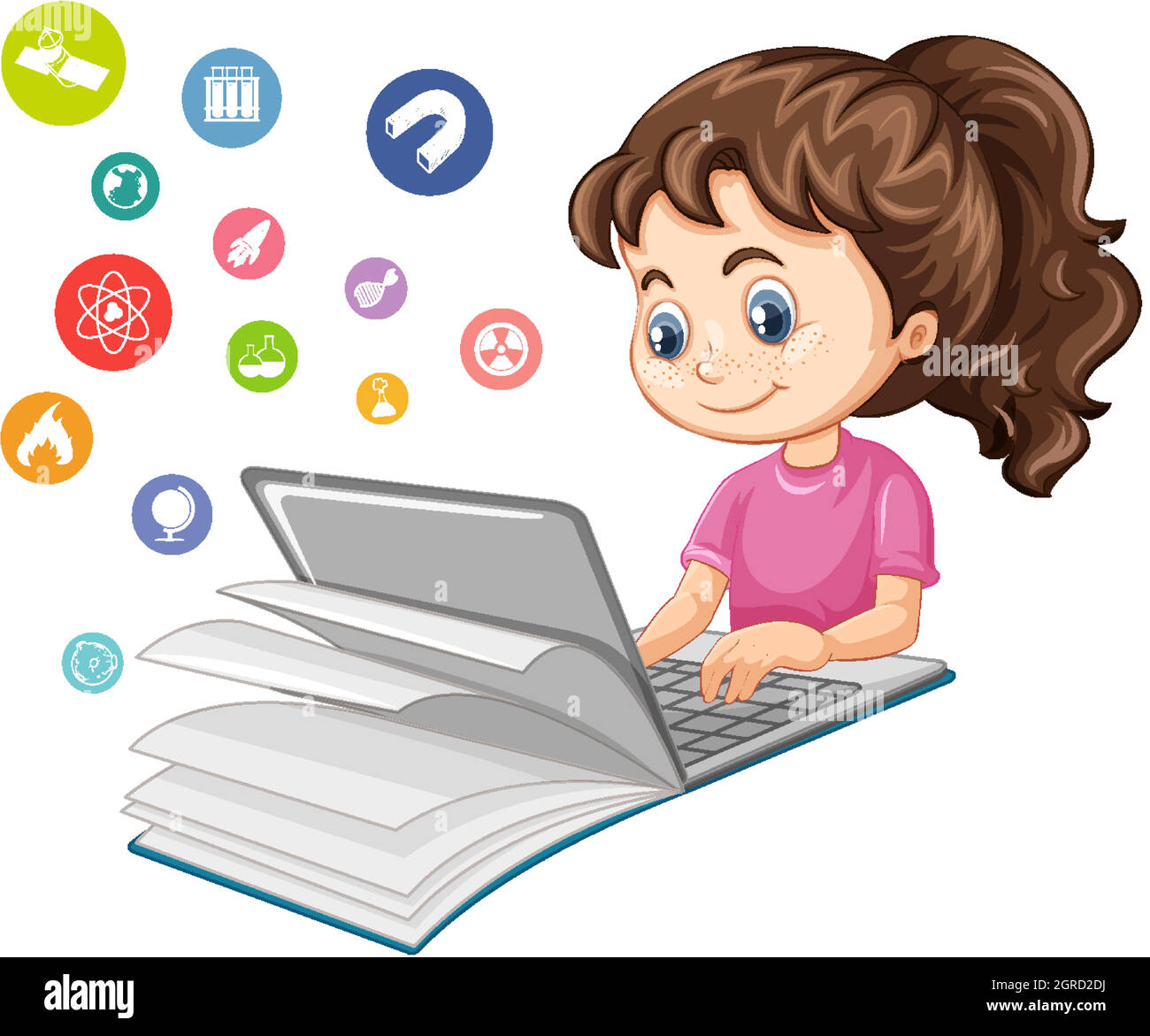 Girl searching on laptop with education icon cartoon style isolated on ...