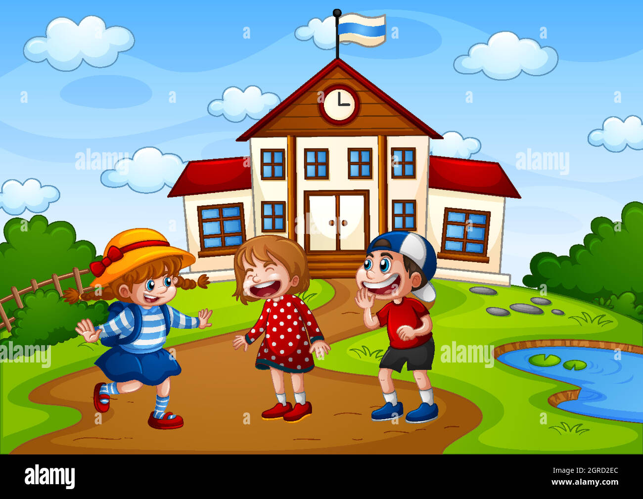 Three children in nature scene with school building Stock Vector Image ...