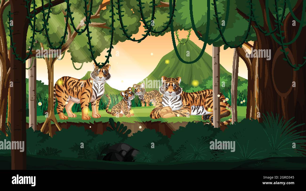 Tiger family in forest landscape background illustration Stock Vector Image & Art - Alamy