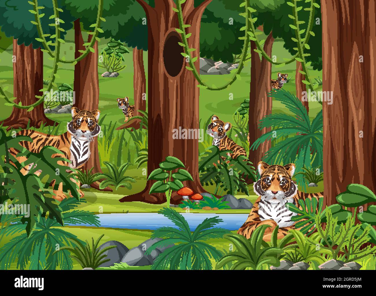Tiger family in forest landscape background illustration Stock Vector Image & Art - Alamy