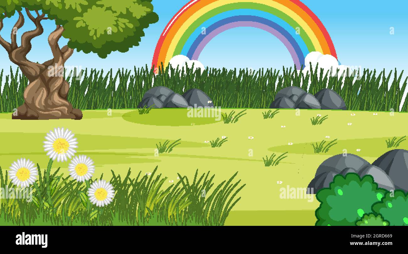 Nature scene background with rainbow in the sky illustration Stock ...