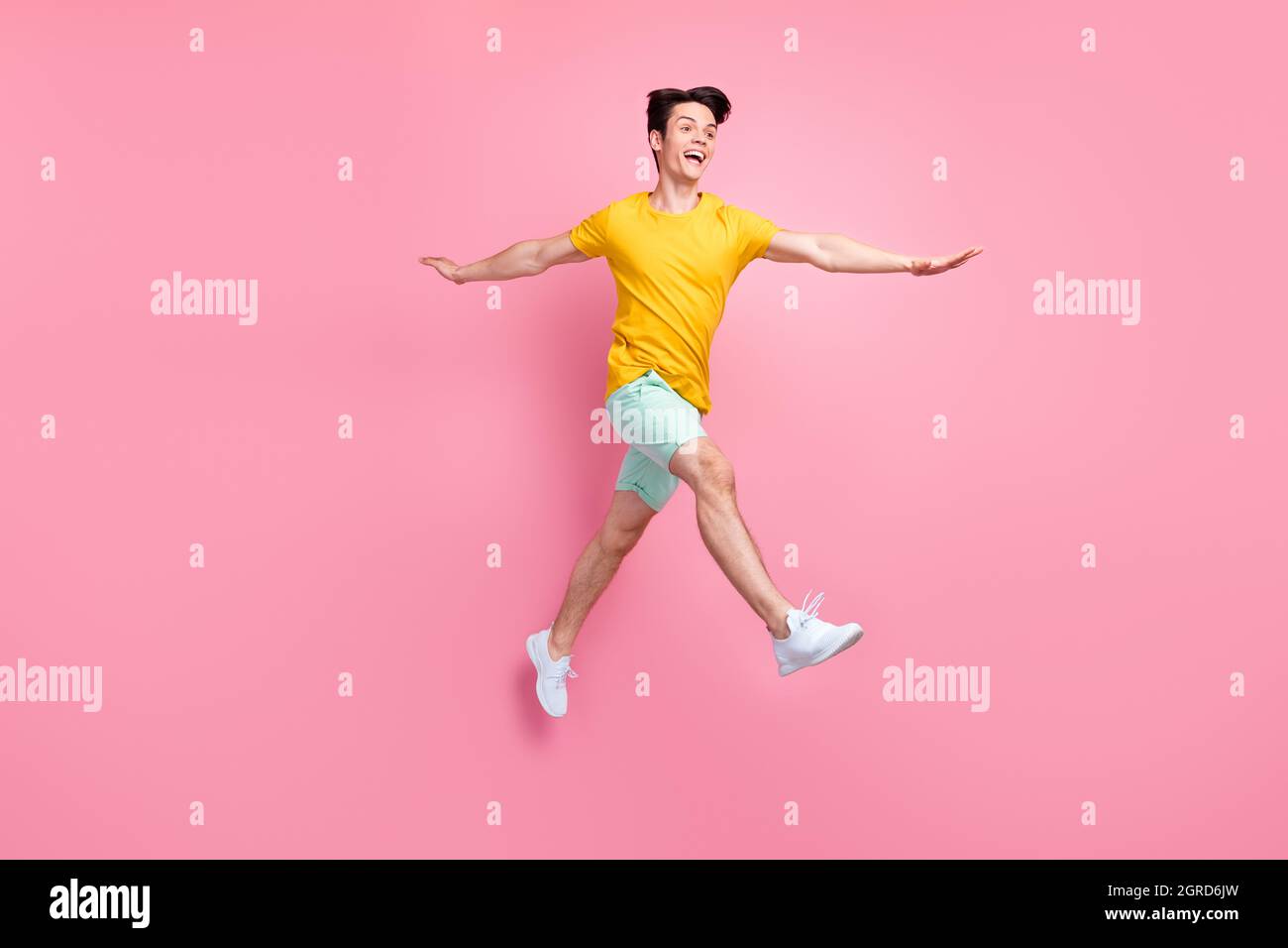 Profile photo of crazy careless active guy jump go look empty space ...