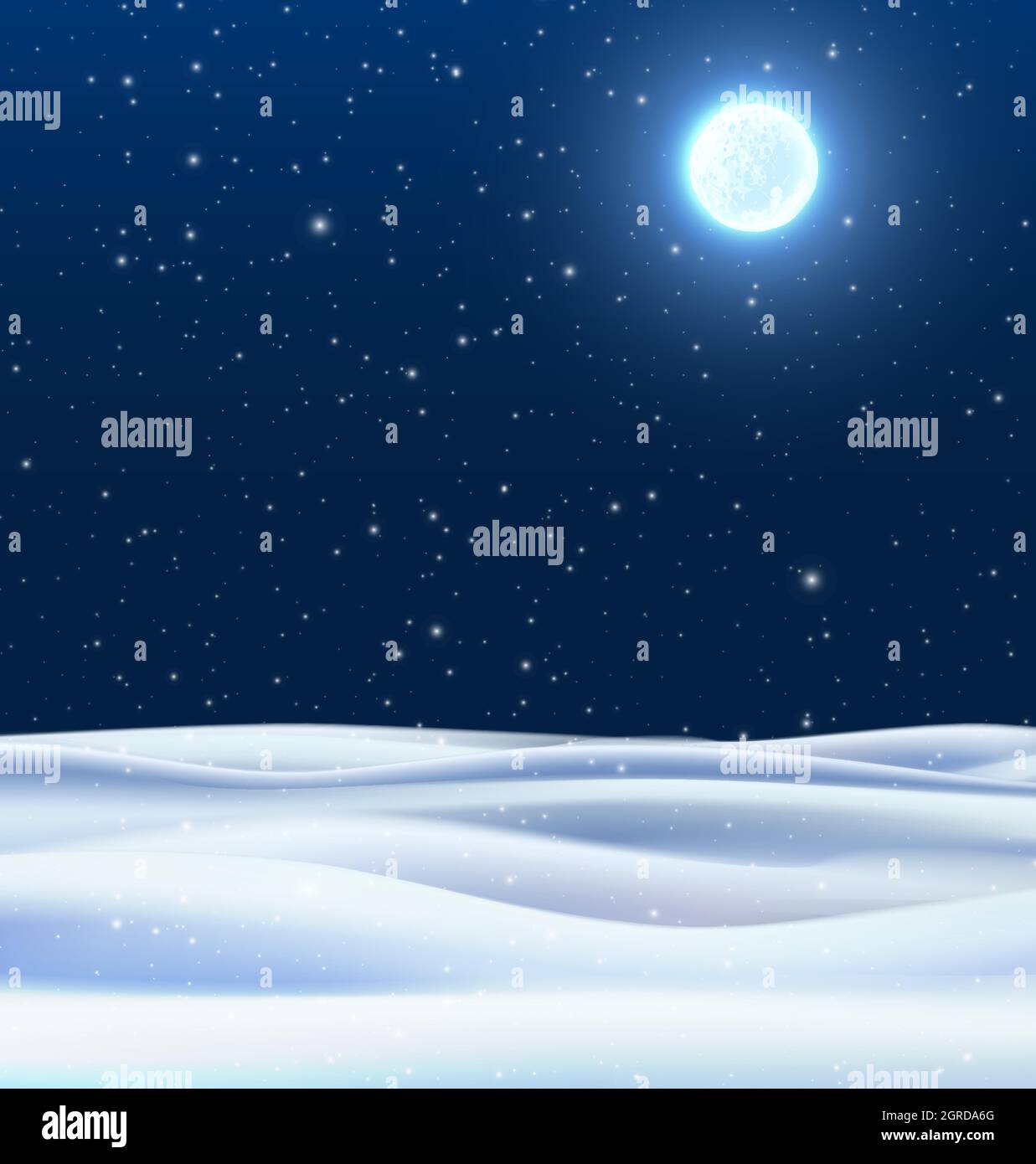 Vector realistic night winter background with snow fields and blue sky ...